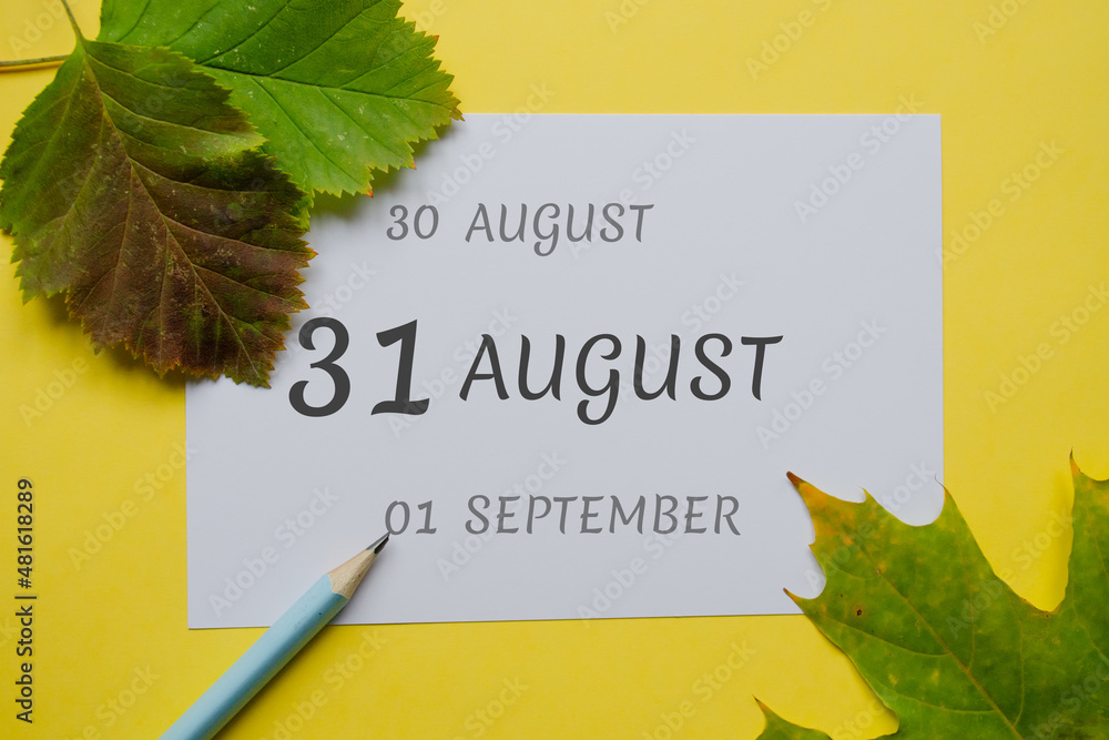 31 august day of month on a white sheet and the dates of the day ...