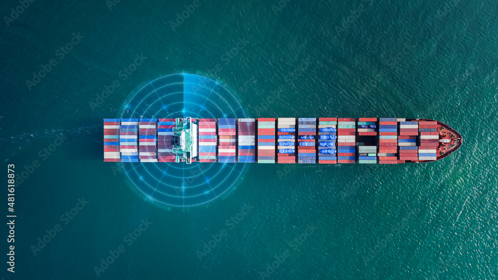 Aerial top view Containers cargo ship with radar with radar and antenna signal-aerial with ...