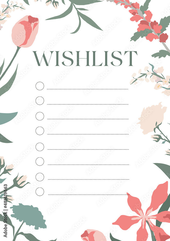 Floral wish list template with cute pink flowers, themed blank ...