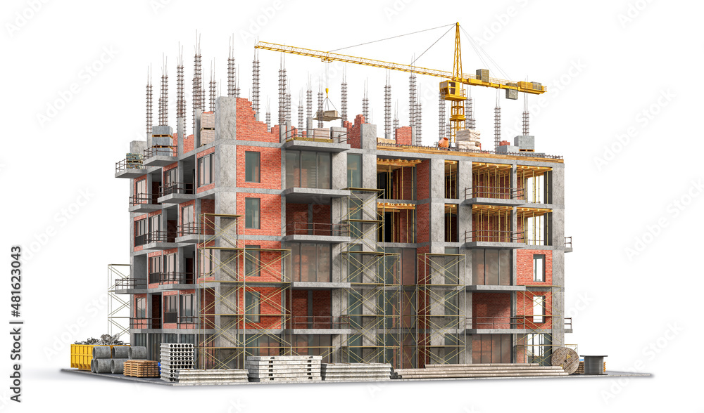 Building under construction on white background. 3d illustration Stock ...