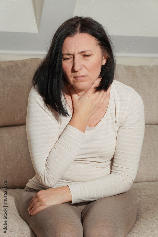 Mature Woman Touching Her Neck Sick Woman Feels Sore Throat Cough