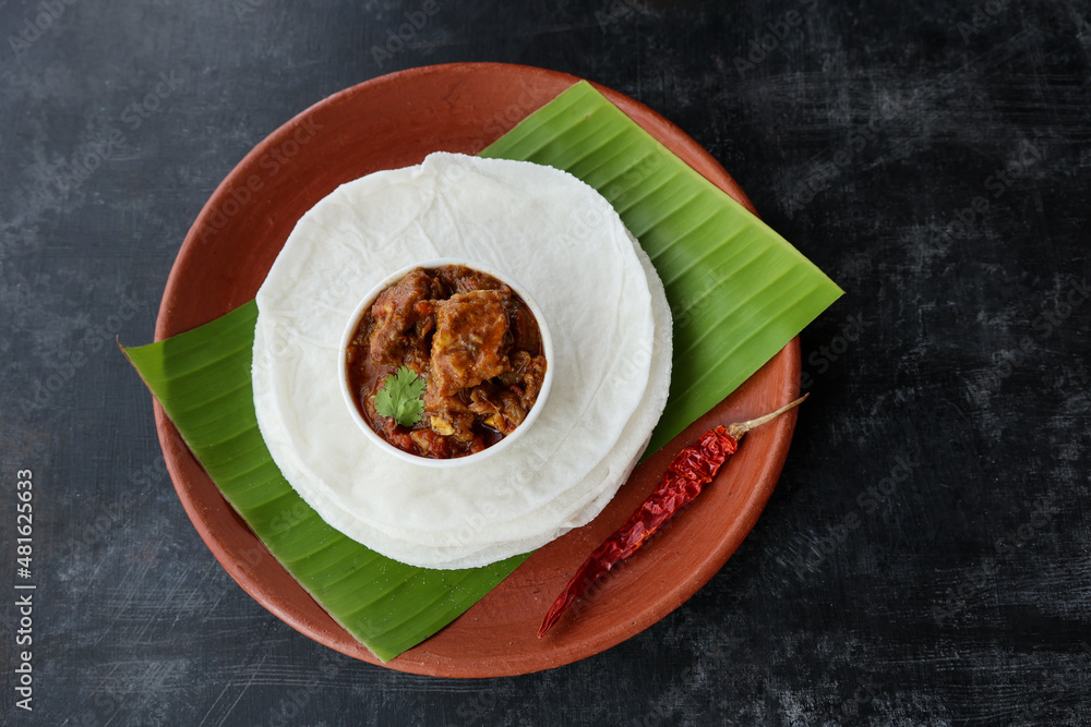 Rice Pathiri , pathir flat bread with spicy meat beef curry coconut ...