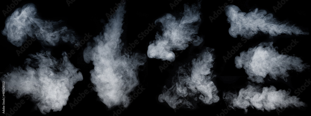 A set of nine different types of swirling, wriggling smoke, vapor ...