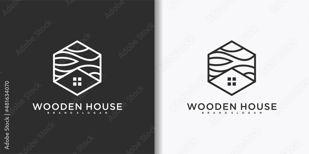 Minimalist wooden house logo design with creative line art style ...