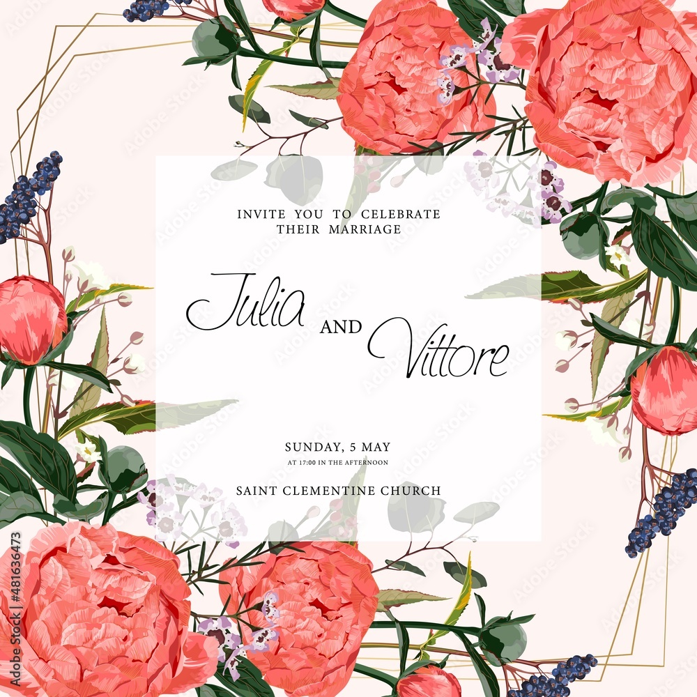 Floral wedding invitation card template design, coral peony flowers ...