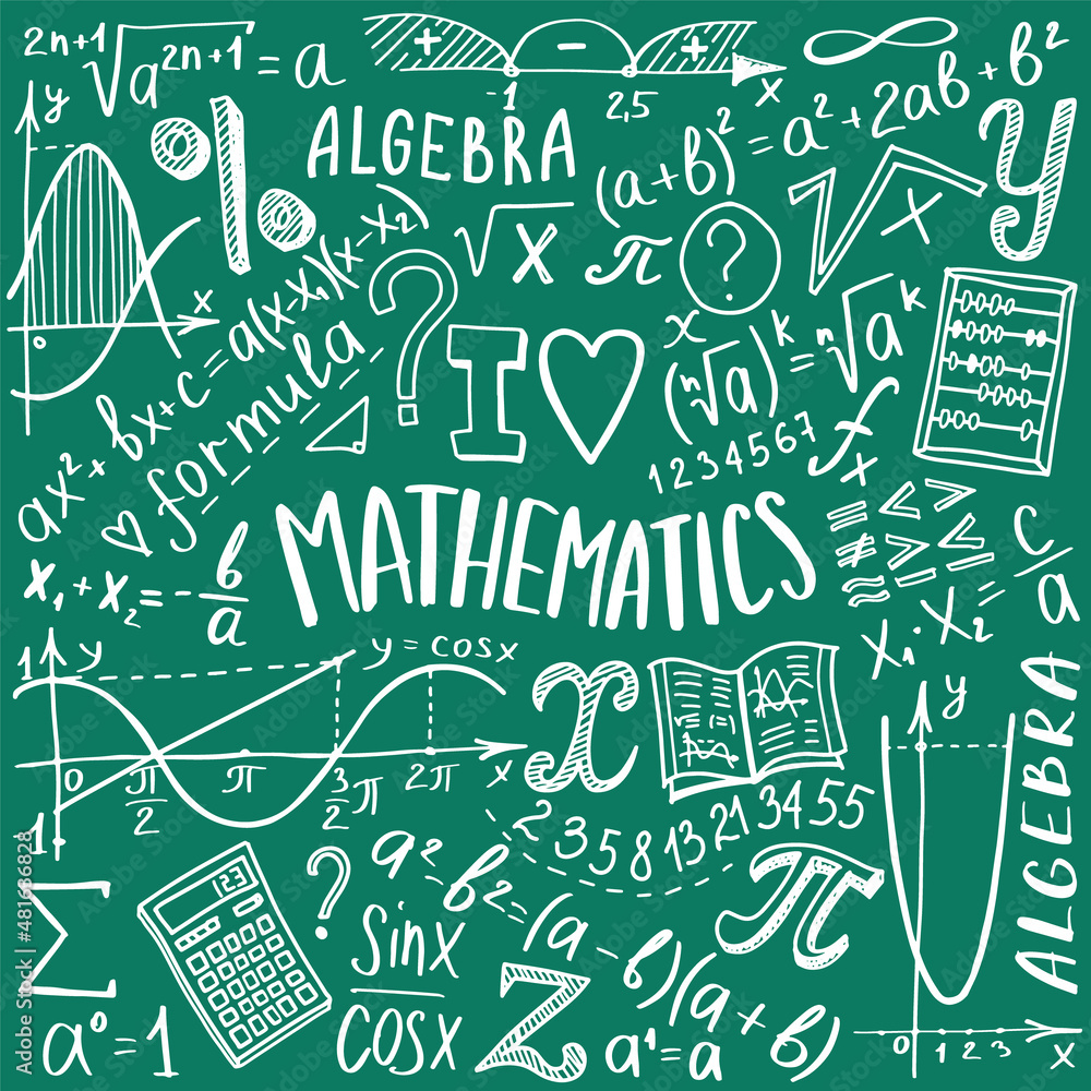 Mathematics doodle background. Maths and algebra subject icon set ...