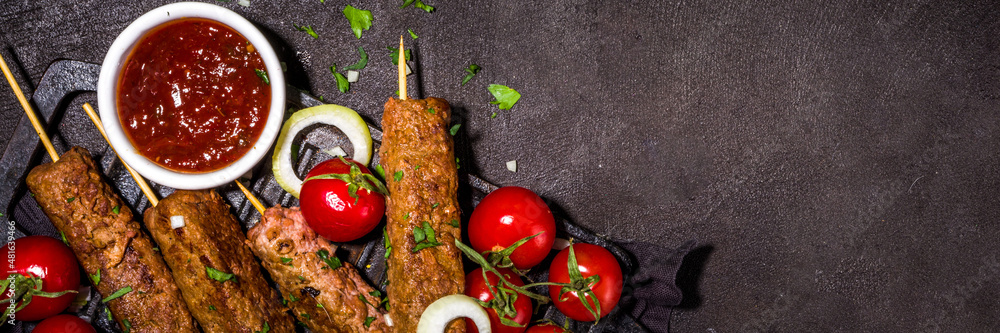 Lula kebab, shish kebab on wood skewer with minced beef, grill and bbq ...