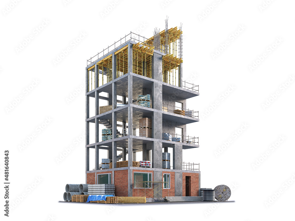 Building under construction on white background. 3d illustration Stock ...