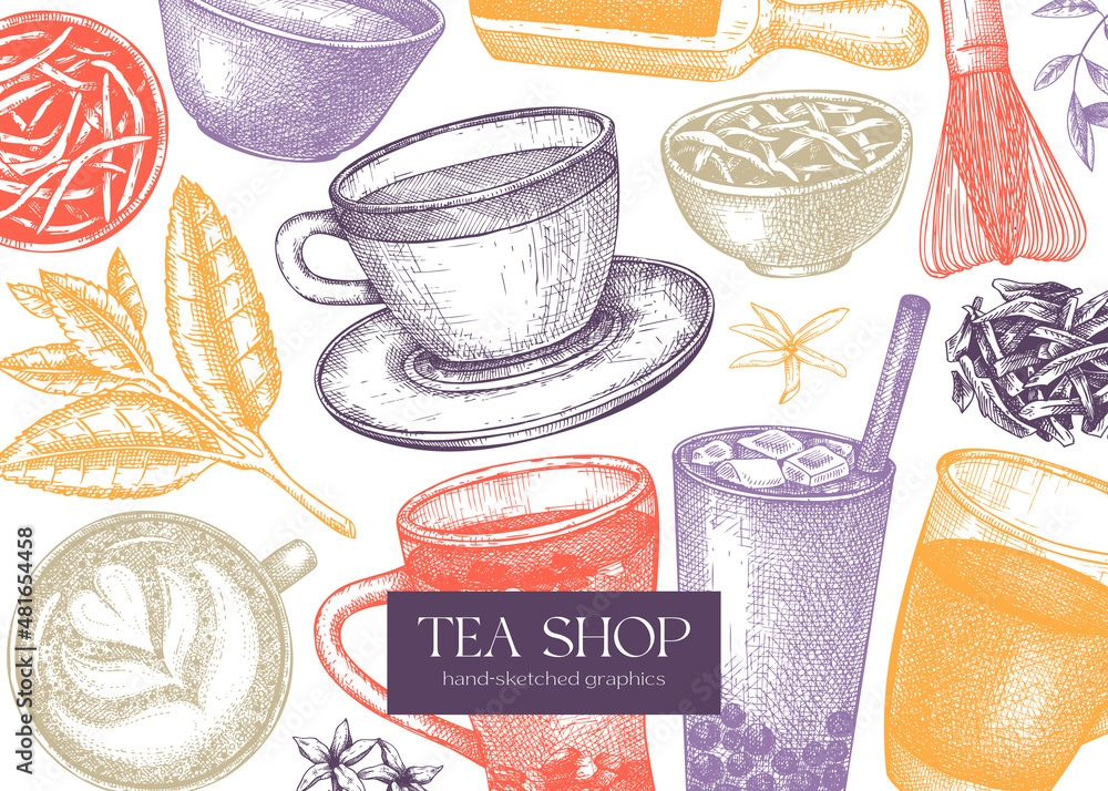 Tea shop or cafe design with hand-sketched tea drinks illustrations ...
