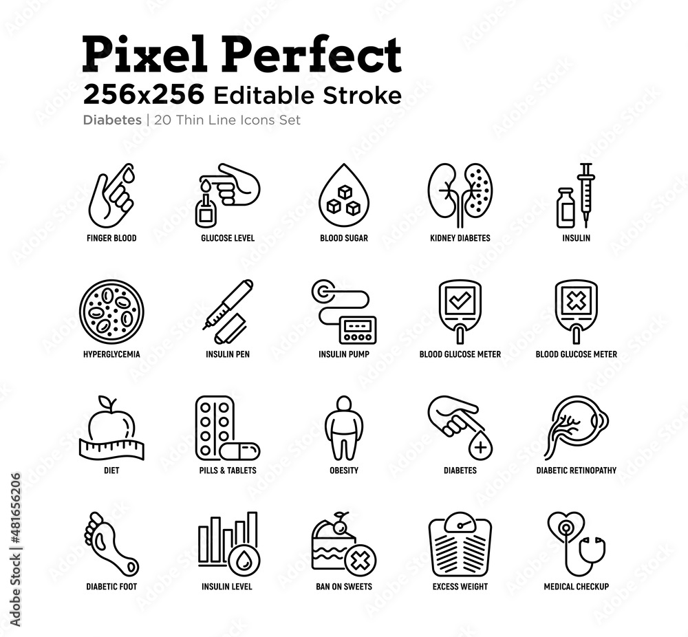Diabetes thin line icons set: blood test, glucometer, glucose level ...