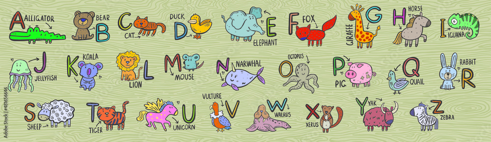 Vetor de Cartoon animals alphabet for kids. Learn letters with funny ...