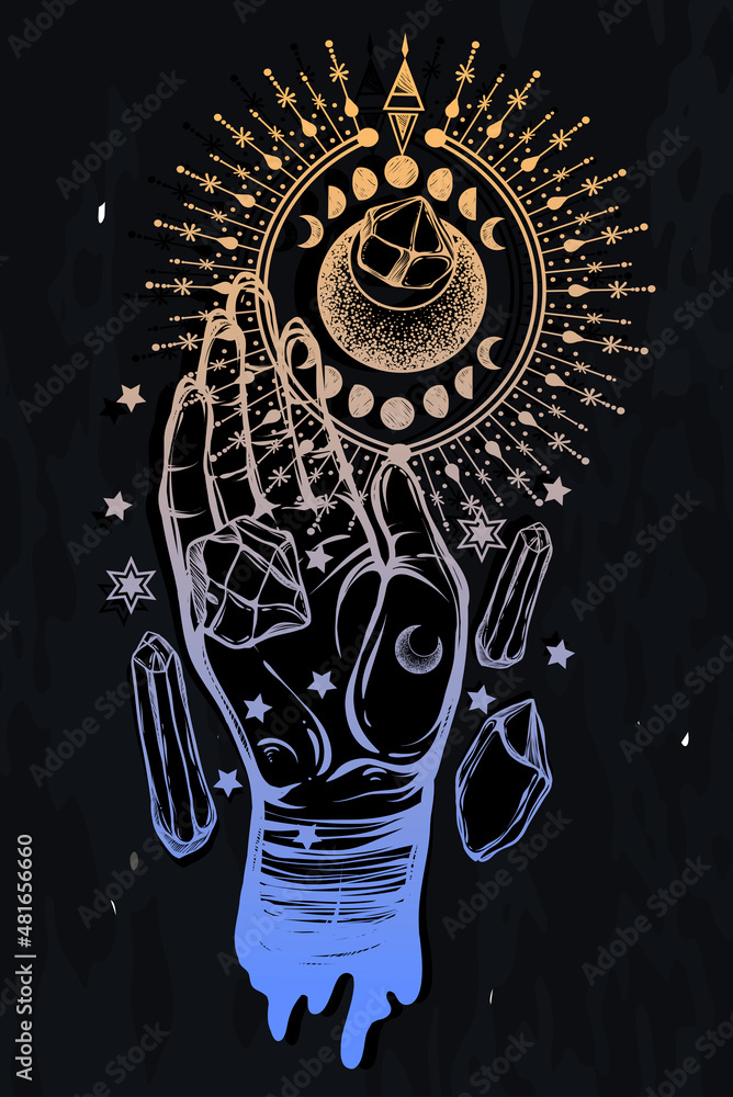 Vector illustration, magical astrology and crystals, mystical symbols ...