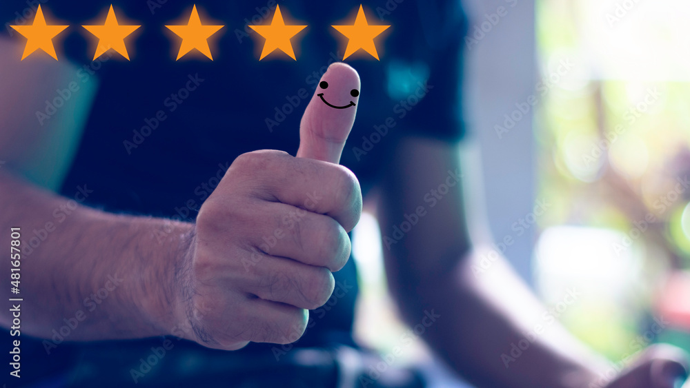 Customer satisfaction concept, 5-star satisfaction rating thumbs-up ...