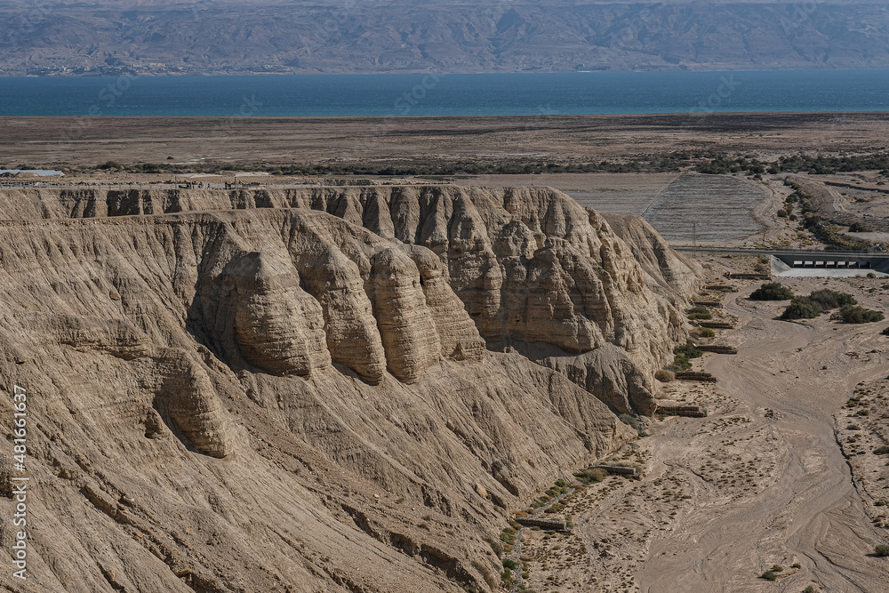 View of Wadi Qumran and the Dead Sea in the background as seen from the ...