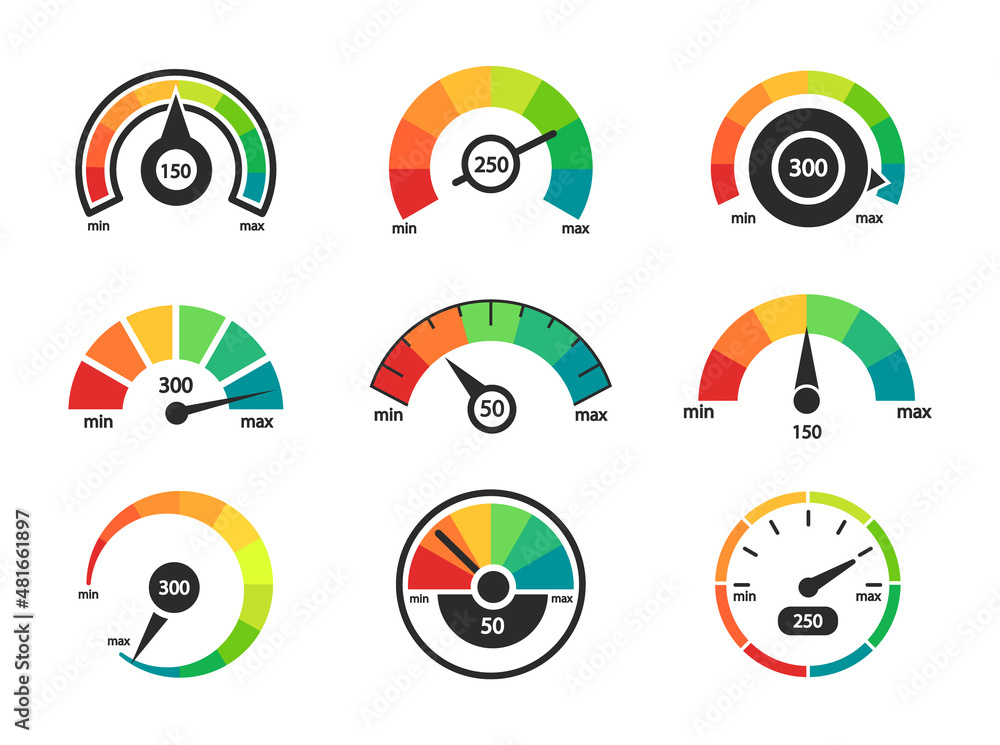 Speedometer icon set. Business credit score indicators. Customer ...