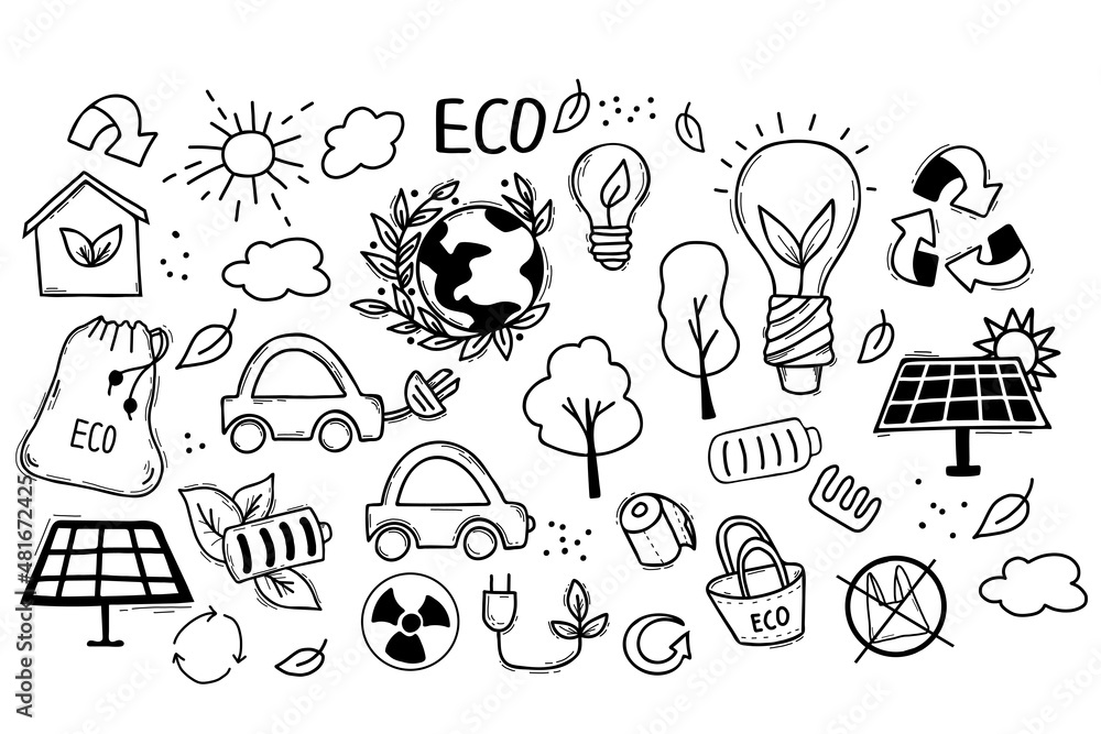 Ecology concept. Linear icons style vector illustration doodle drawing ...