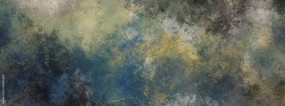 Blue and yellow painting background with grunge paint brush strokes and ...