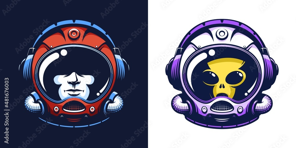 Cosmonaut space helmet with headphones. Space retro emblem with ...