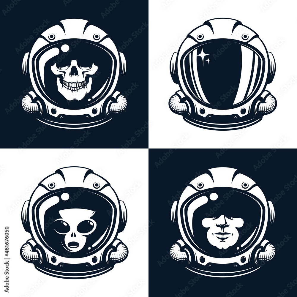 Astronaut space helmet in retro style. Spaceman head. Alien in ...