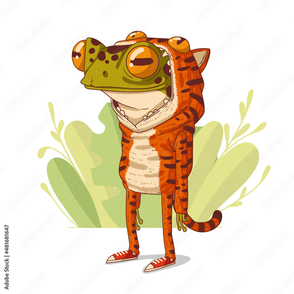A frog dressed as a tiger, isolated vector illustration. Standing ...