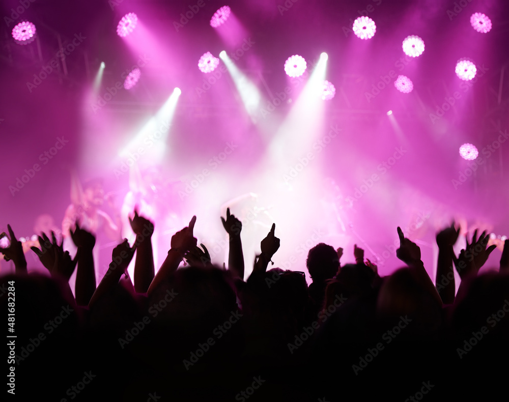 Throw your hands up. Rearview of an audience with hands raised at a ...