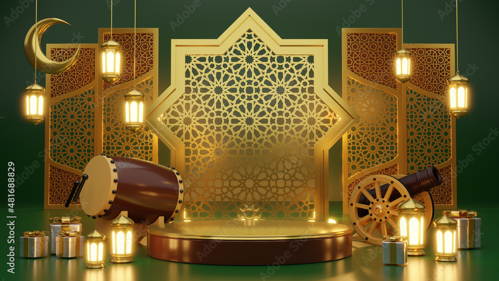 Islamic product display mock up. Podium, crescent moon, lantern, gift ...