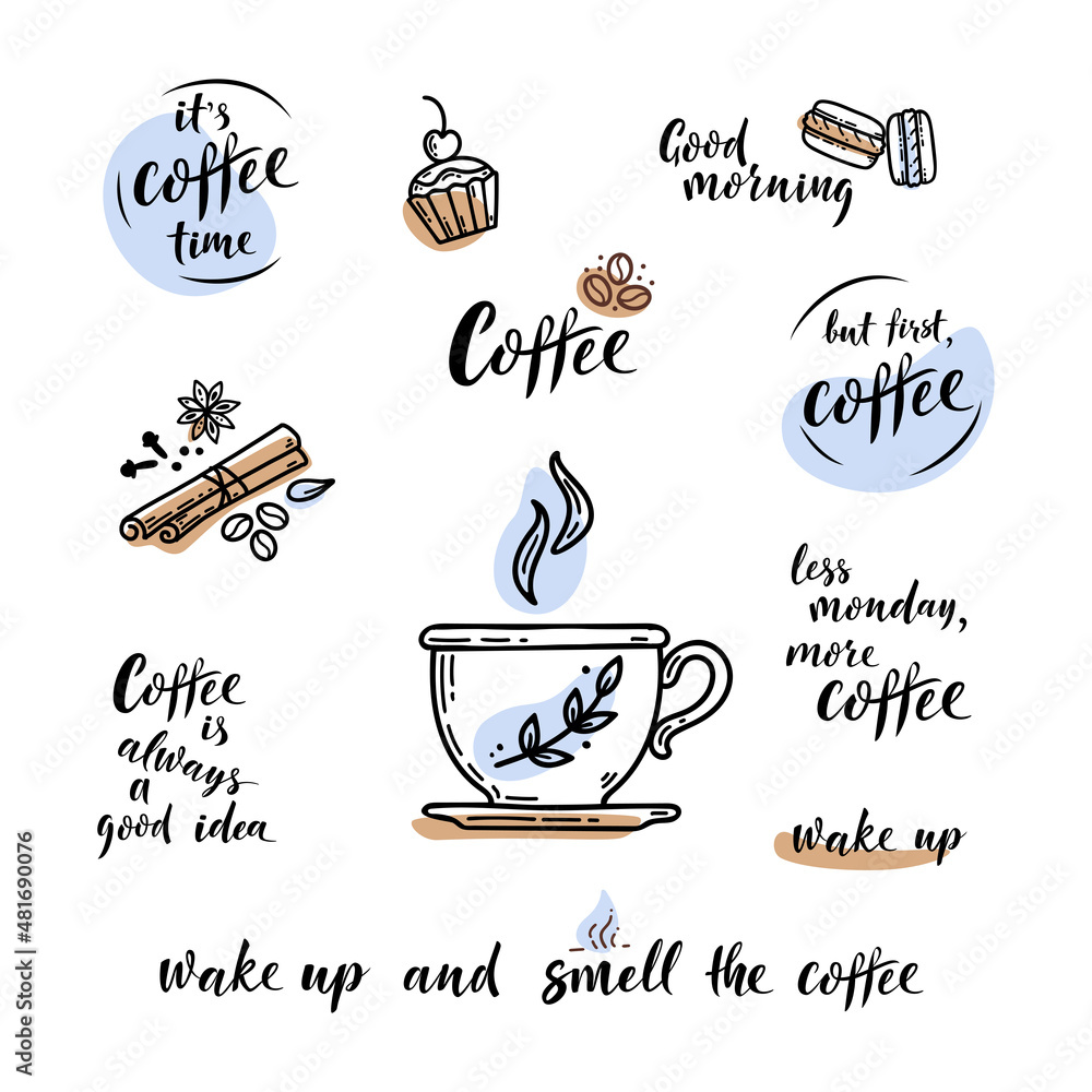 Hand drawn coffee lettering set. Vector sketch illustration and ...