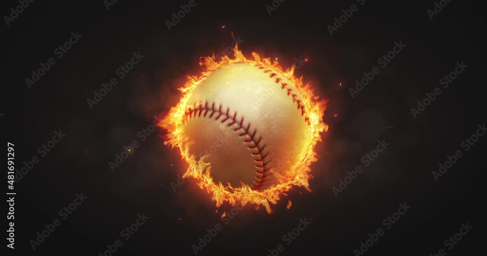 Rotating baseball ball in burning fire flames on dark background. Sport ...