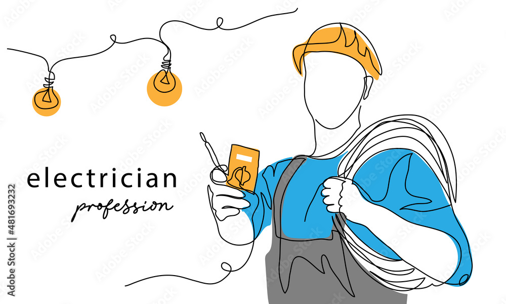 Electrician man with tester tool and electric cable, wire. One ...