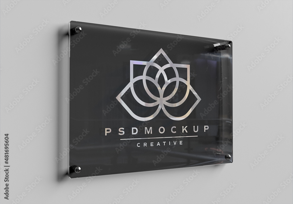 Black Glass Sign Plate on White Wall Mockup Stock Template | Adobe Stock