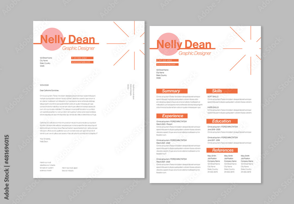 Resume and Cover Letter with Pink and Orange Accents Stock Template ...