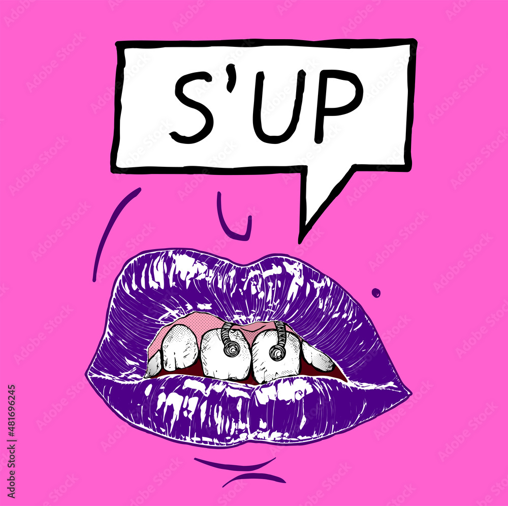 Sup Speech Bubble Punk Mouth Hand Drawn Dark Lipstick Angry Lips With Piercing In The Style Of
