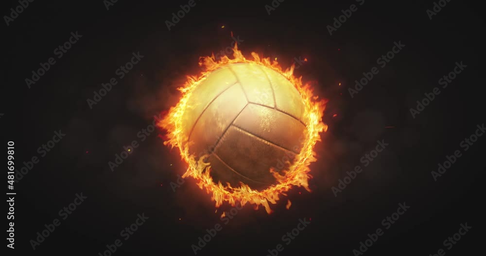 Rotating volleyball ball in burning fire flames on dark background ...