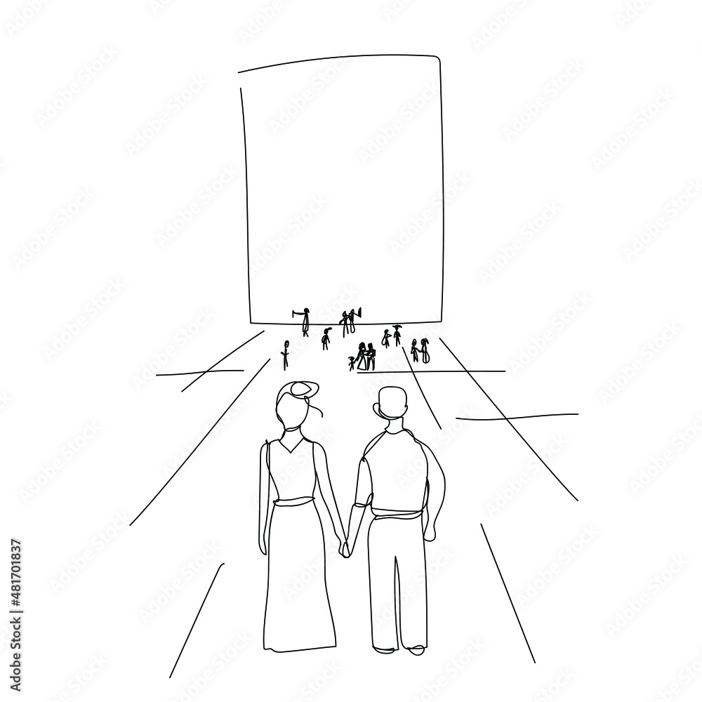 Couple in a Museum. Vector black and white drawing of tourists in a ...
