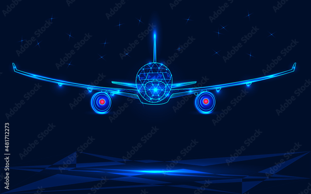 A digital futuristic airplane flying in the starry sky. A low-poly ...