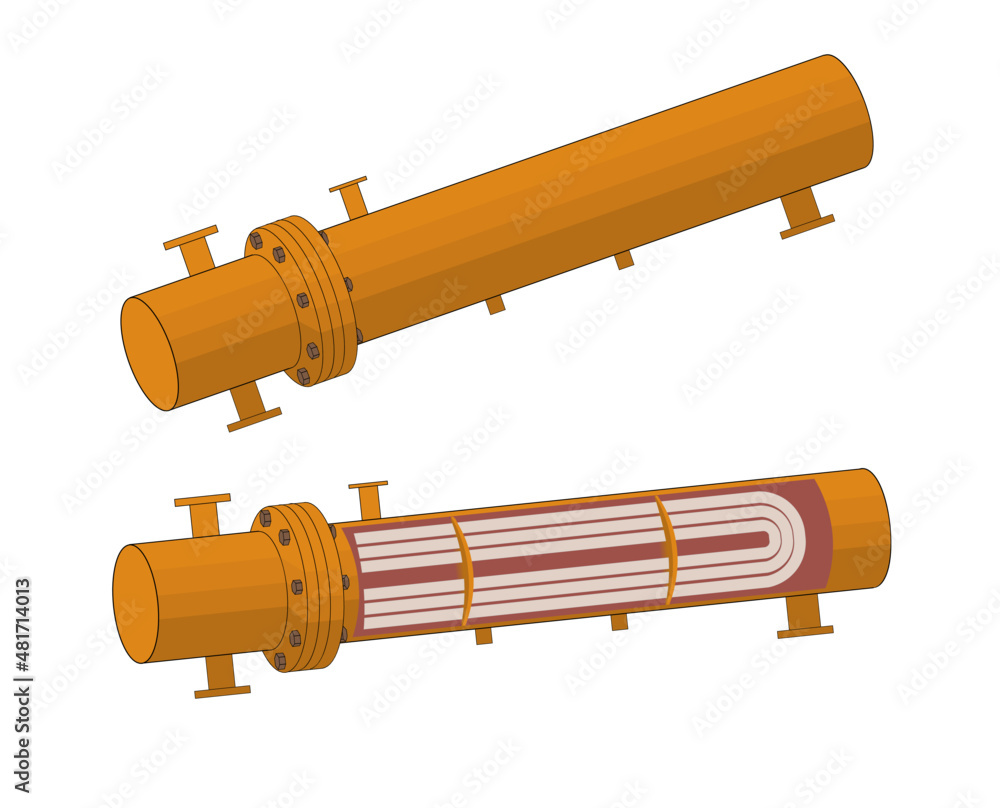 Shell and tube heat exchanger with inside structure isolated on white ...