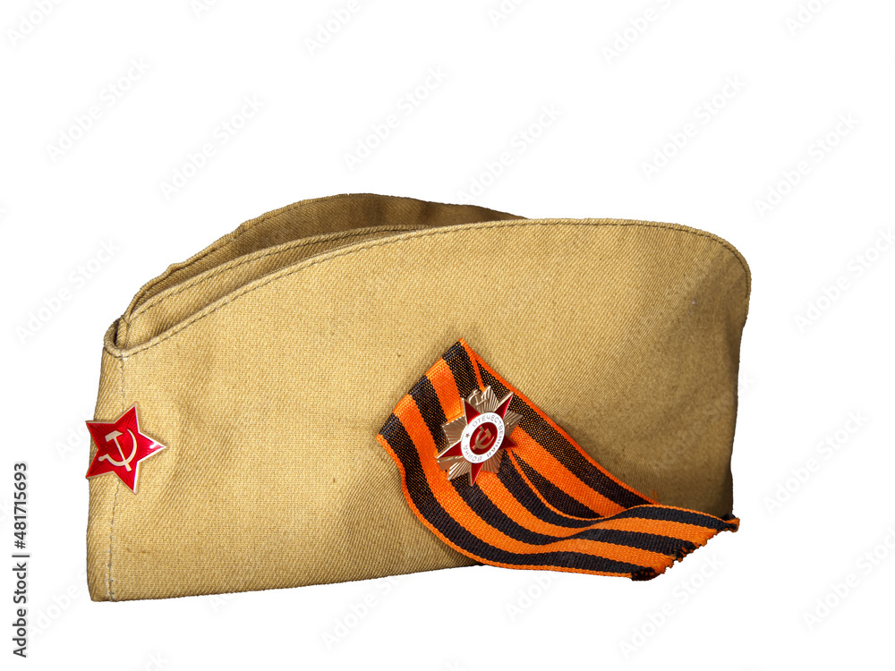 Red Army garrison cap with St. George's ribbon on an isolated white ...
