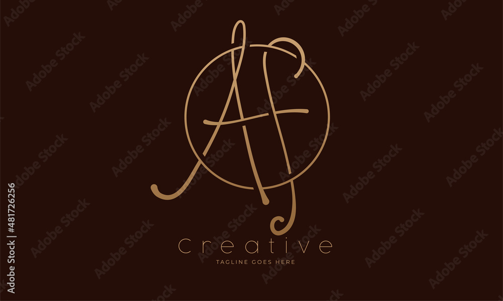 Initial AF Logo. hand drawn letter AF in circle with gold colour ...
