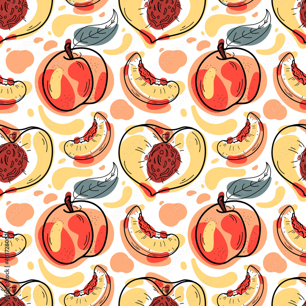 Doodle peach vector seamless pattern. Flat bright fruits isolated on white background Stock ...