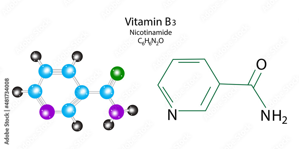 Nicotinamide skeletal formula. Vitamin B3 molecule structure. Chemical ...