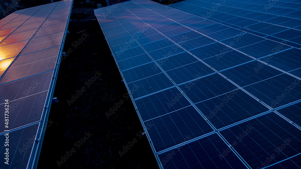 Top view of solar panels (solar cell) in solar farm and sun lighting ...