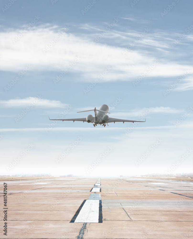 Modern executive business jet take off from airport runway Stock Photo ...