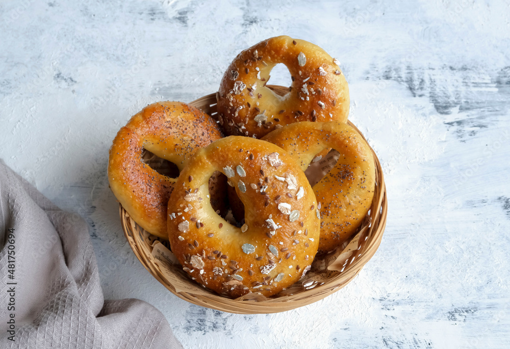 Delicious homemade pastry. Plain Bagel with Flaxseeds and Oats. Can be ...