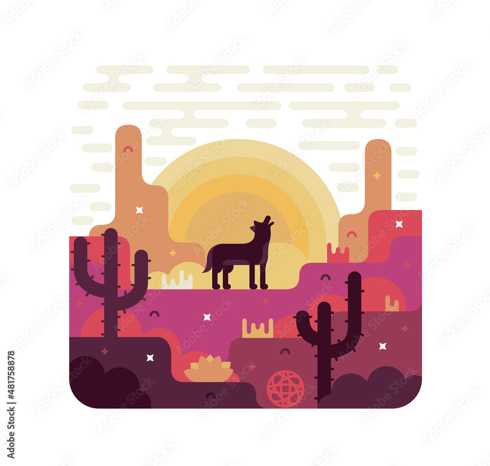 Cartoon Illustration of desert, wolf, cactus and sunrise in square ...