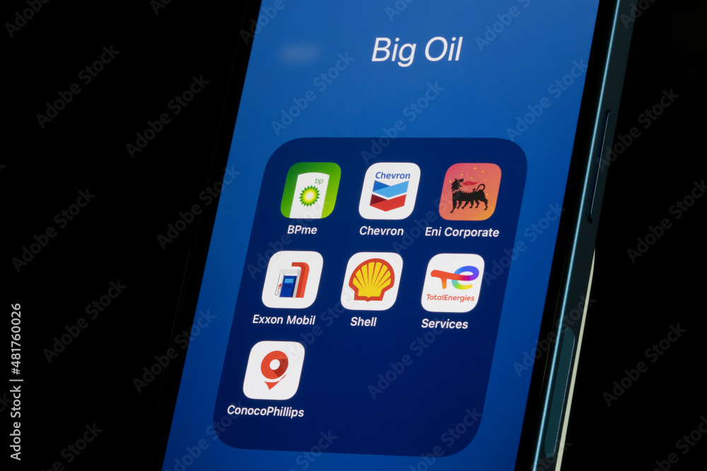 Portland, OR, USA - Jan 20, 2022: App icons representing Big Oil ...