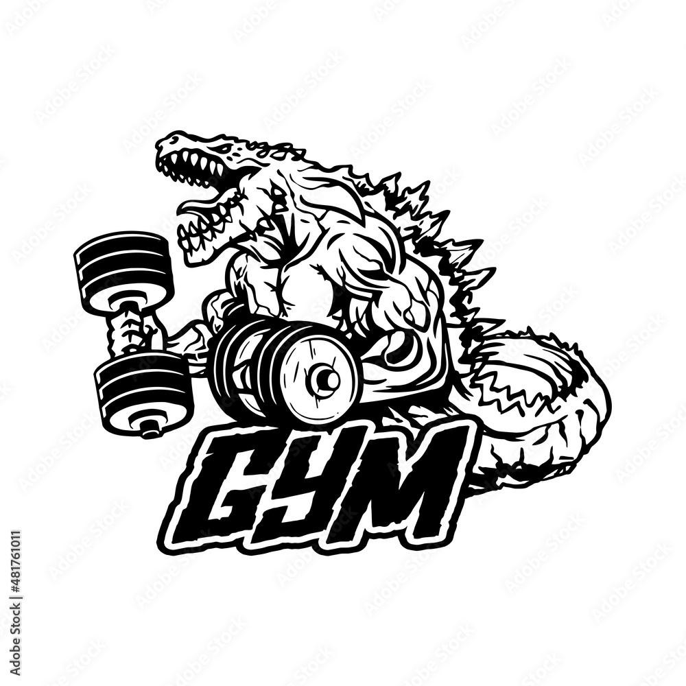 angry muscular lizard with dumbbells, vector, logo, cartoon, mascot ...
