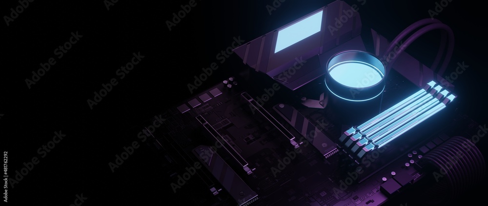 3D Rendering of PC computer mother board with CPU and RAM decorated ...