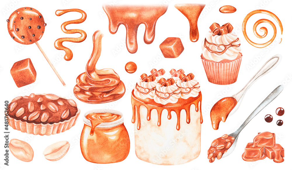 Caramel sweets. Watercolor illustration. Isolated on a white background ...
