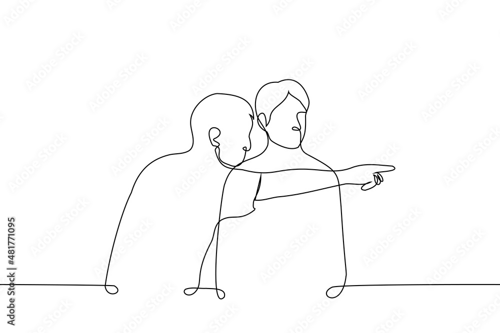 men stand one of them shows finger to side - one line drawing vector ...