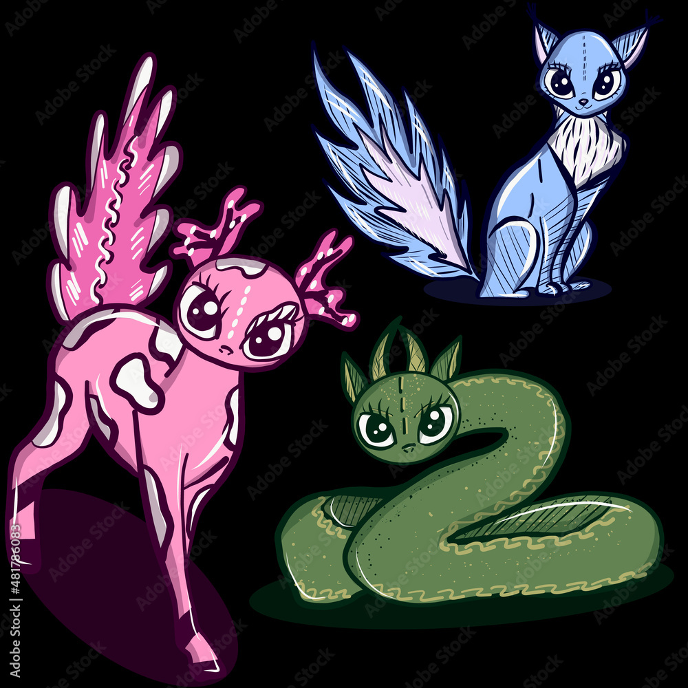 Cartoon dragon set. Fairy cute dragonfly icons collection. Vector ...